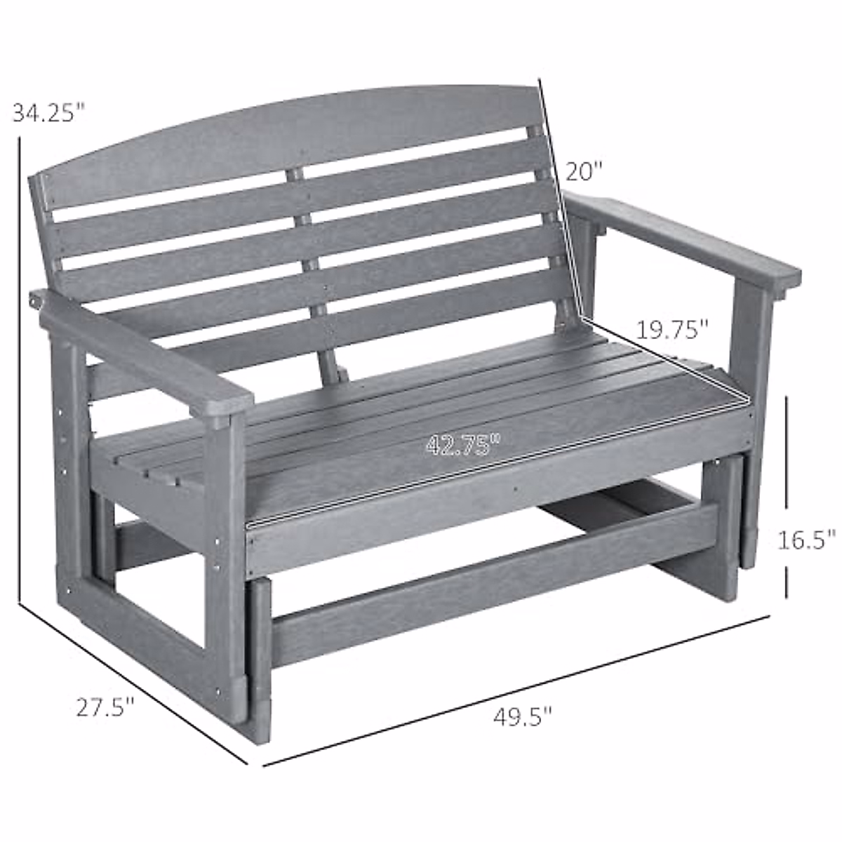 Outsunny 2-Person Outdoor Glider Bench Patio Double Swing Rocking Chair Loveseat w/Slatted HDPE Frame for Backyard Garden Porch, Light Gray