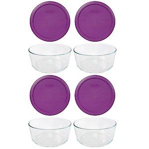 Pyrex (4 7203 Glass Bowls & (4) 7402-PC Thistle Purple Lids Made in the USA