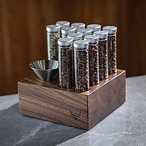 KNODOS Single Dose Coffee Bean Storage Tubes 12 pcs Glass Espresso Dosing Vials with One-Way Exhaust Valve Lids, Walnut Stand & Stainless Steel Funnel Coffee Bean Cellar