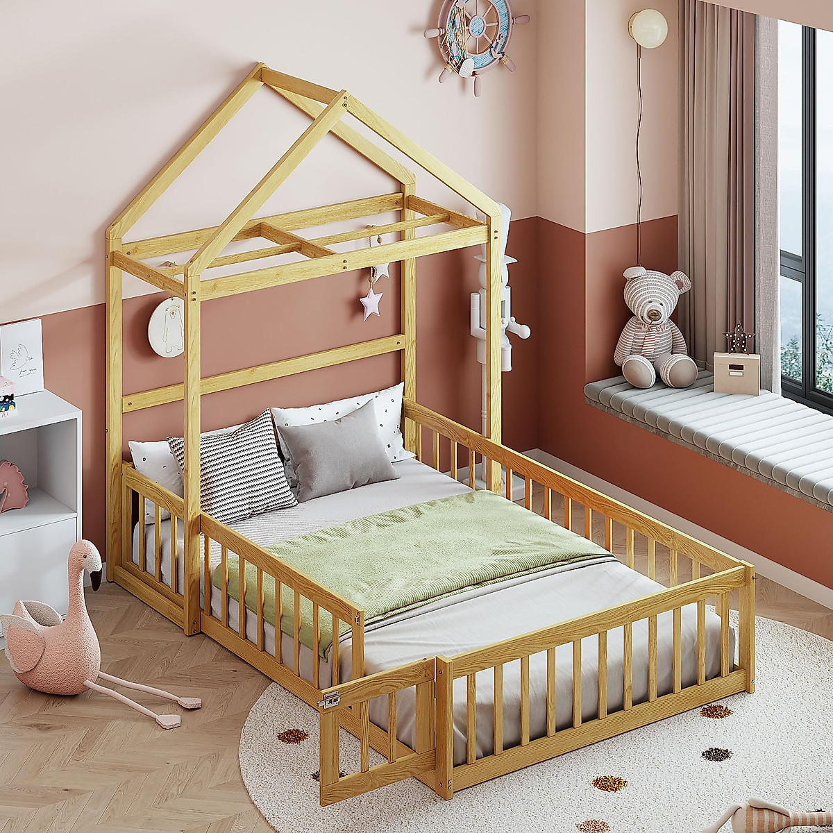 Bellemave Full Size Floor Bed for Kids, Girls, Boys, Wood House Bed with headboard, Full Size Montessori Floor Bed with House Shape Headboard, Kids Floor Bed with Storage, Natural