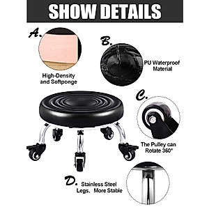 Lorvain Low Stool with Wheels, Roller Seat Short Rolling Stools with Universal Swivel Caster Wheels Leather Little Low Small Stools on Wheels for Home Garage to sit on- Black