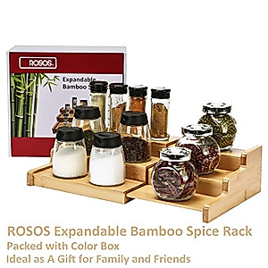 ROSOS Spice Rack Organizer for Cabinet 2 Pack, Bamboo Spice Rack Organizer for Countertop Expandable from 8.7-15inch, 3-Tier Durable Spice Organizer for Cabinet, Natural