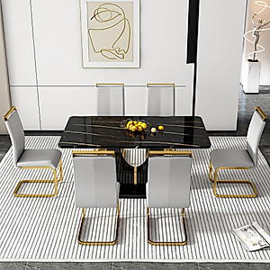 MTFY 7 Pieces Marble Dining Table Set for 6, Modern 63" Rectangular Black Faux Marble Pedestal Kitchen Dining Room Table & 6 PU Leather Upholstered Dining Chairs, Elegant Dinette Table Set