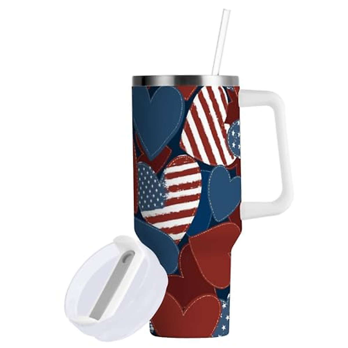 MCHIVER American Flag Heart 40 oz Tumbler with Handle and Straw Stainless Steel Vacuum Water Bottle Leak-proof Travel Coffee Mug Insulated Tumbler for Office Home Car