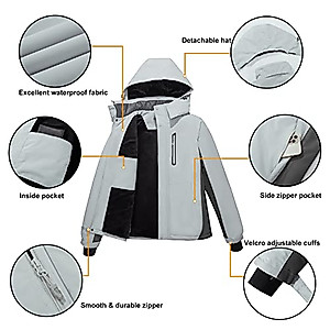 CAMEL CROWN Men's Mountain Snow Waterproof Ski Jacket Detachable Hood Windproof Fleece Parka Rain Jacket Winter Coat Sliver Gray L