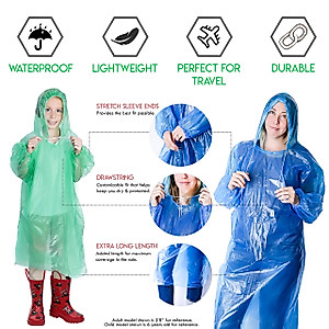 Lingito Rain Ponchos Family Pack | 12-Piece Emergency Drawstring Hood Poncho for Children and Adults | Lightweight Reusable or Disposable