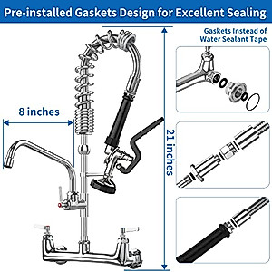 JZBRAIN Commercial Faucet with Sprayer 21" Height Wall Mount Kitchen Sink Faucet Add On Faucet 8" Swing Spout Pre-Rinse Sprayer 8 inch Center for 1 or 2 Compartment Sink