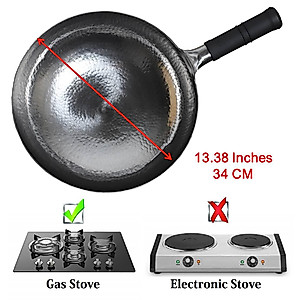 Mecete Wok Pan Nonstick Chinese Hand Hammered Woks and Stir Fry Pans Non-stick Carbon Steel Wok Utensils No Coating(13.3 Inch, Round Bottom) 1.8 mm thickness