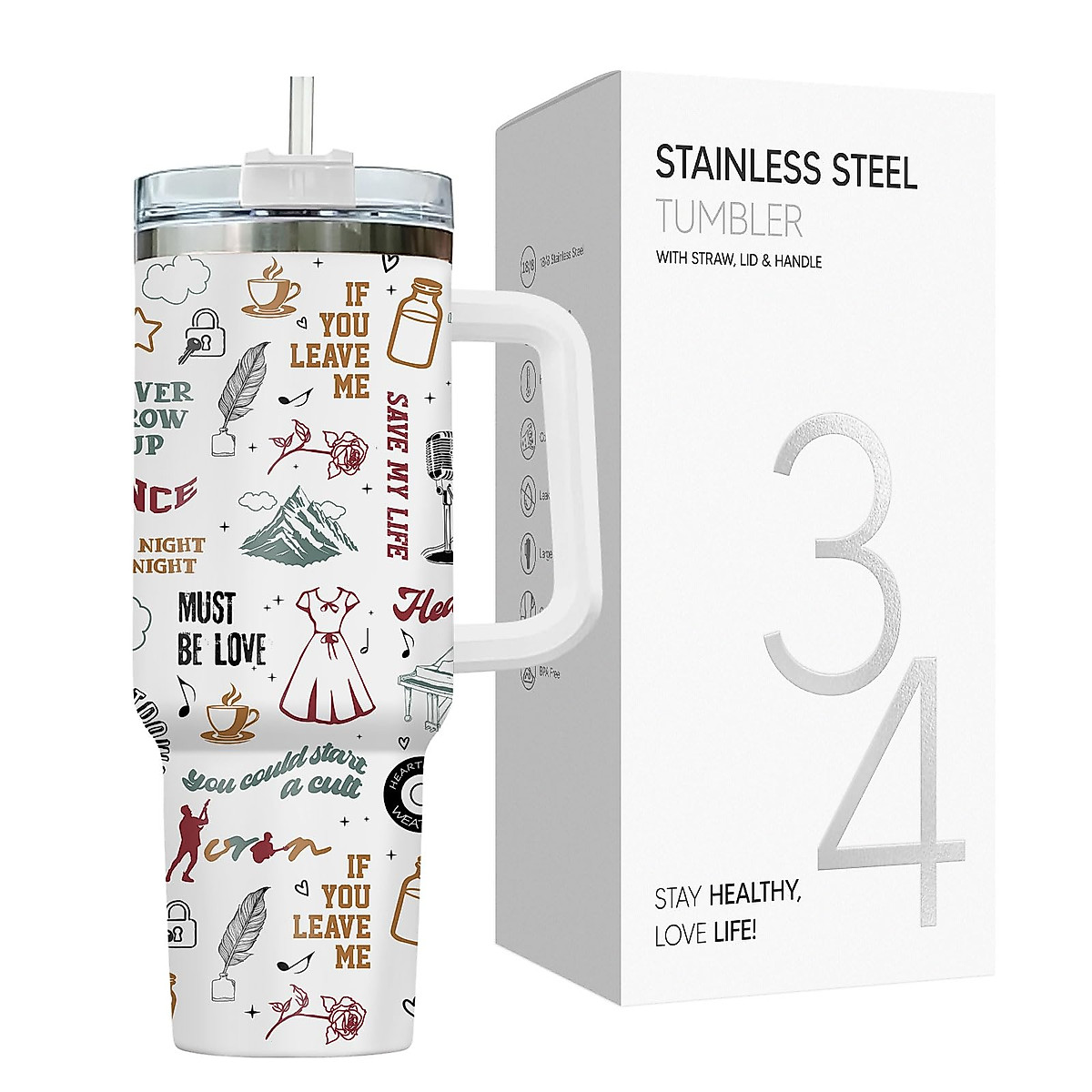 34HD Gifts for Women, Stainless Steel Tumbler with Lid, Coffee Travel Mug, Double-Wall Vacuum Insulated Tumbler, Leak Proof Drinking Cup, Male Singer Tumbler