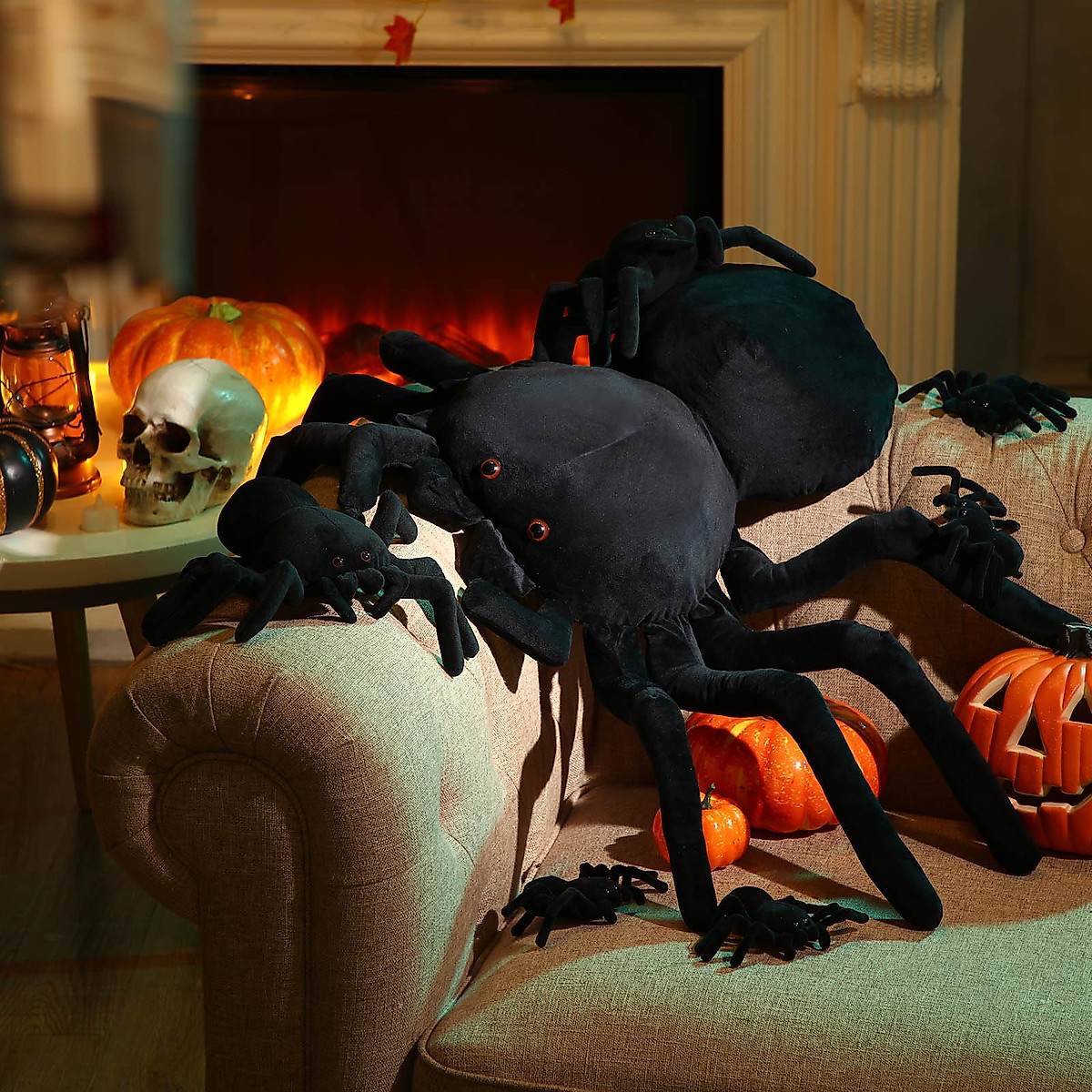 7 Pcs Black Spider Stuffed Animal 1 Giant Mommy Spider Stuffed Animal with 6 Realistic Plush Baby Spiders Plush Spider Pillow Toy Set for Halloween Funny Prank Toy