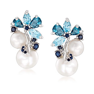Ross-Simons 6-8.5mm Cultured Pearl and 2.00 ct. t.w. Sky Blue Topaz and London Blue Topaz Earrings With .10 ct. t.w. Sapphires in Sterling Silver