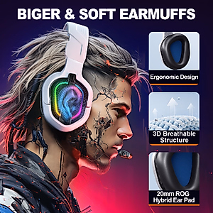 Krysenix Gaming Headset for PS4, PS5, PC, Mac, Xbox Series X, Noise Canceling Headphones with Microphone, PG2 Computer Headset with 3.5mm Jack & RGB Light White/Blue