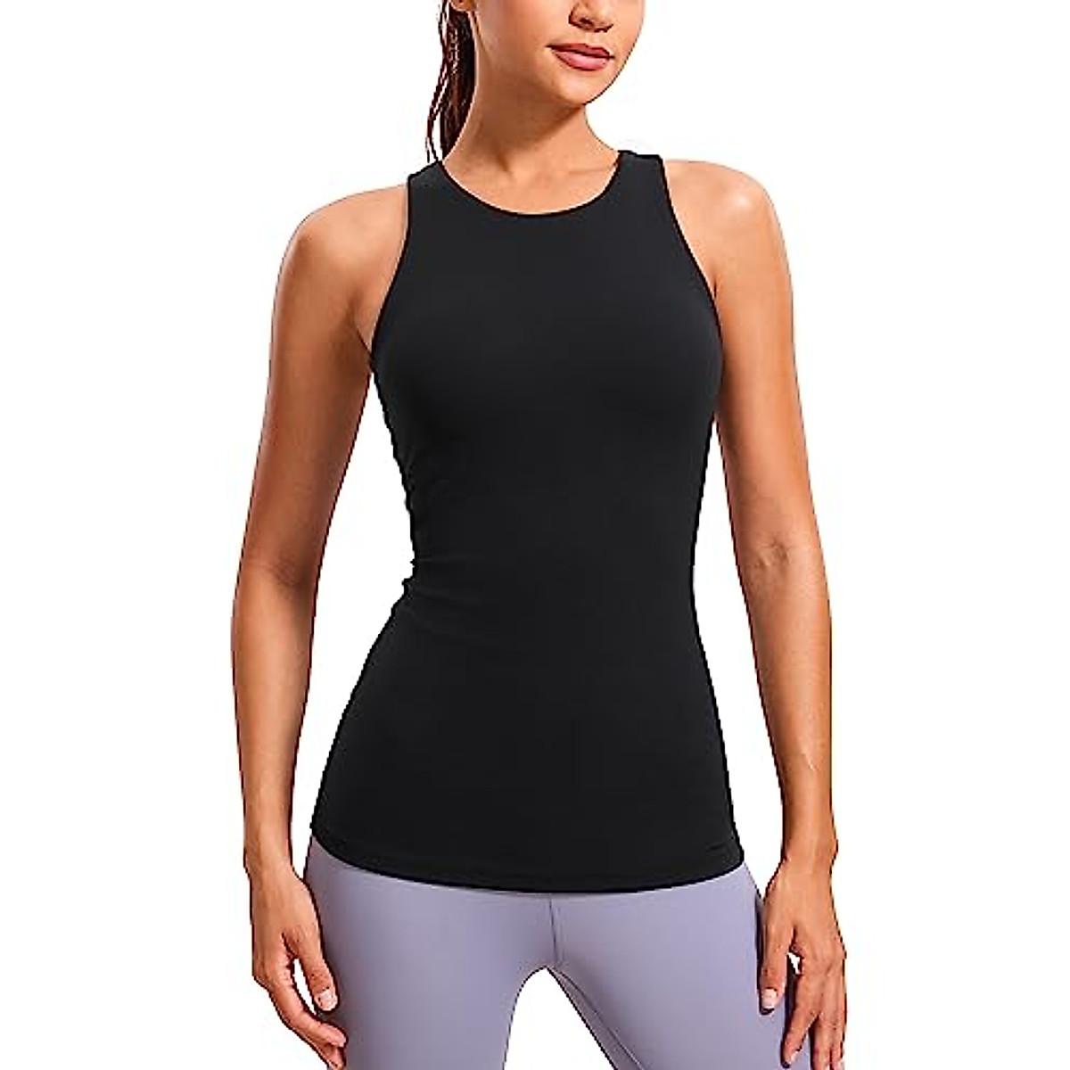 CRZ YOGA Butterluxe Womens Racerback High Neck Tank Top - with Built in Bra Workout Padded Yoga Athletic Camisole Black Small