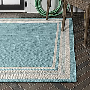 JONATHAN Y SMB201B-5 James Modern Border Stripe Indoor Outdoor Farmhouse Transitional Area Rug,High Traffic,Kitchen,Living Room,Backyard,Non Shedding,5 X 8,Aqua/Beige