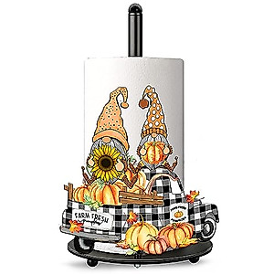 Fall Paper Towel Holder, Autumn Kitchen Decor, Farmhouse Fall Gnomes Kitchen Decor Accessories Paper Towel Holder Stand, Metal Fall Decorations for Home Bathroom, Large Towel Stand for Countertops