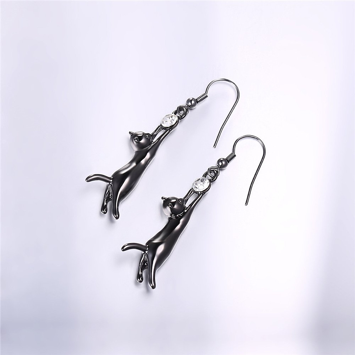 U7 Cute Cat Ear Pendant Black Kitten Dangle Drop Earrings with Rhinestones
