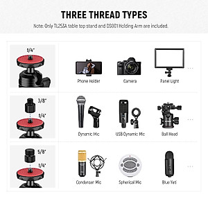 NEEWER Tabletop Overhead Camera Mount Stand with 2 Section Telescopic Extension Arm, Phone Holder, Ball Heads, Screw Adapters, Desk Light Stand for Camera, Phone, Webcam, Ring Light, TL253A+DS001
