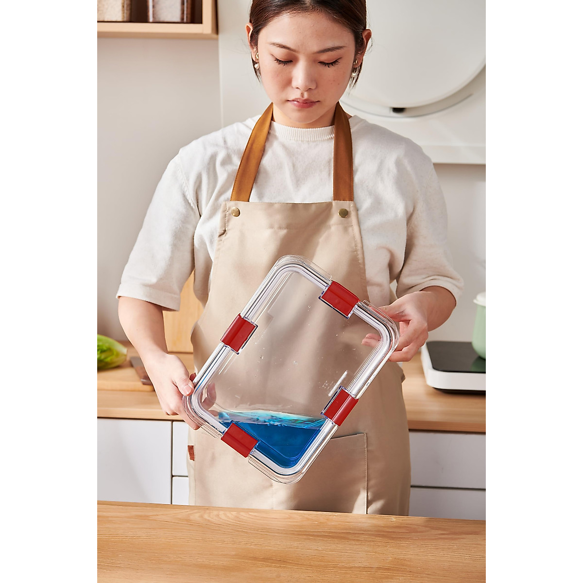 MSM Products Crystal Clear Transparent Food Storage Containers, BPA-Free, Glass Clear Plastic, 12 pieces set (6 lids and 6 containers). Total set capacity 10 LITERS. RED color 4 sides clip lock.