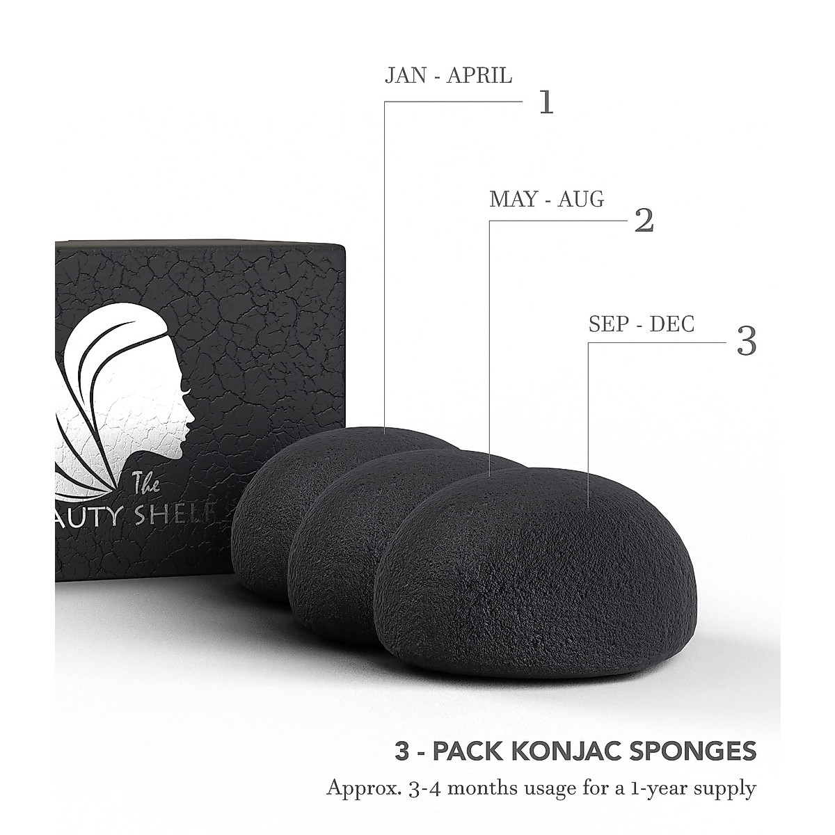 The Beauty Shelf Konjac Sponge (3 Pack) Activated Bamboo Charcoal. Facial Cleansing & Exfoliating Beauty Sponges