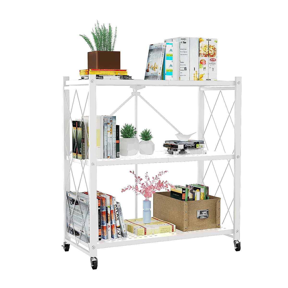Lifetime Home 3-Tier Foldable Storage Shelf with Wheels - Metal Collapsible Shelving Unit Display, Rolling Cart for Books Kitchen Storage Shelves, Pantry & Closet Organizer, Office Room Decor - WHITE