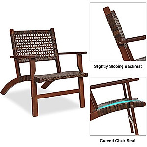 Tangkula 3 PCS Patio Conversation Set, Solid Eucalyptus Wood Frame Outdoor Wicker Furniture Set Bistro Set with Coffee Table, Rattan Furniture Set for Backyard Porch Garden Poolside Balcony (Brown)