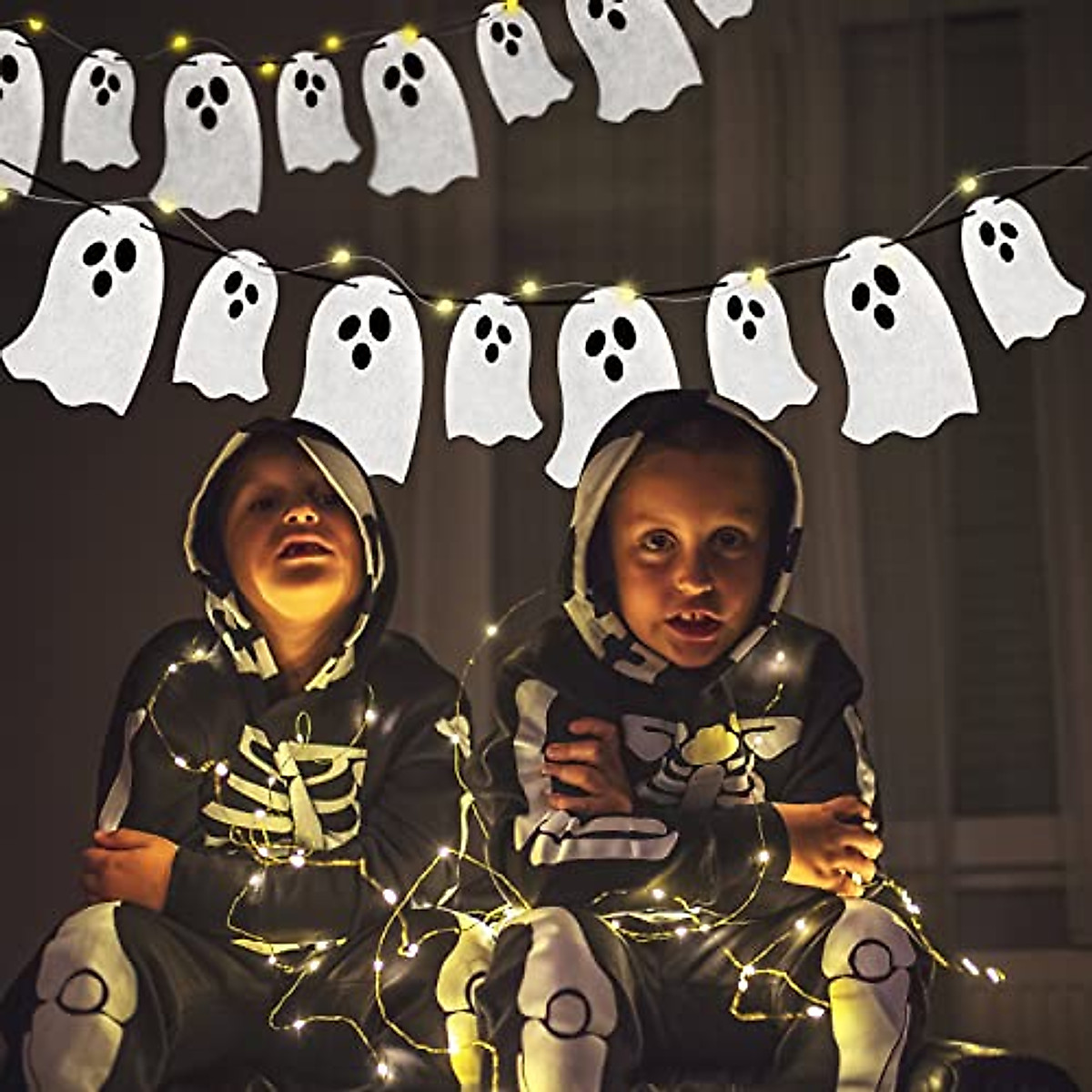 IWPTY Halloween Ghost Banner, Ghost Garland White Glittery Halloween Decorations for Party Indoor Outdoor Haunted Houses, Home House Doorways Mantel Wall Decor Supplies - 2 Packs with 2 String Lights