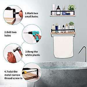 INSTORY Set of 2 Floating Shelves Wall Mounted Shelf Solid Wood Hanging Shelf Wall Storage Shelves with Protective Guards Towel Holders and Hooks - Natural Wood