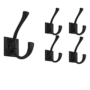 ZAUYX Large Wall Hooks 5 Pack Matte Black Coat Hooks Hardware Towel Hooks for Hanging Coats 4.35 Inch Double Robe Hooks Wall Mounted with Screws for Key, Towel, Bags, Cup, Hat