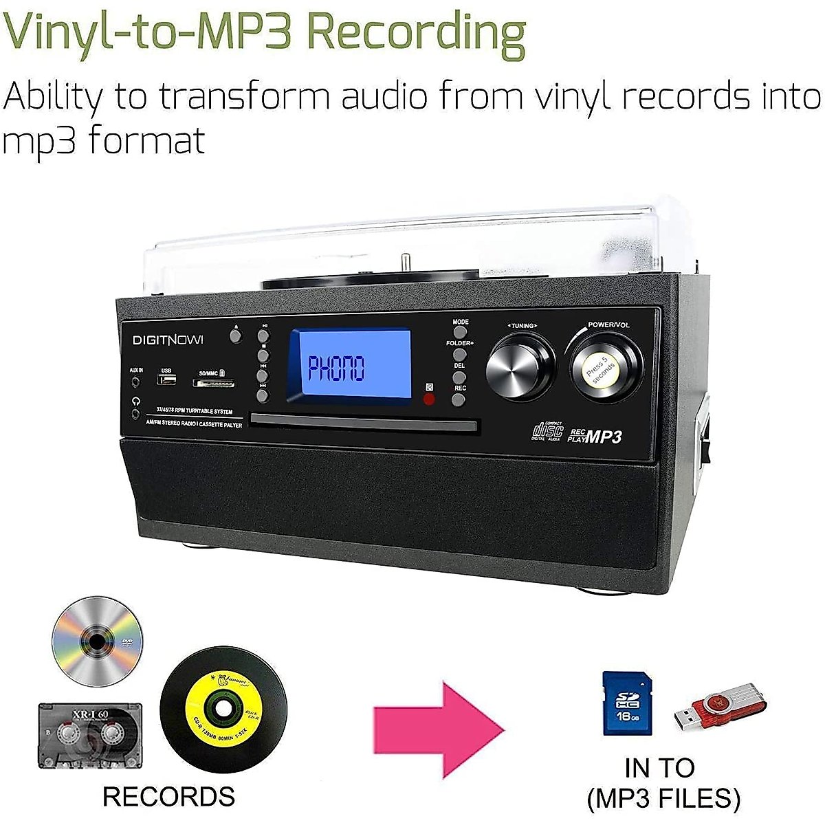 DIGITNOW Bluetooth Record Player Turntable with Stereo Speaker, LP Vinyl to MP3 Converter with CD, Cassette, Radio, Aux in and USB/SD Encoding, Remote Control, Audio Music Player Built in Amplifier