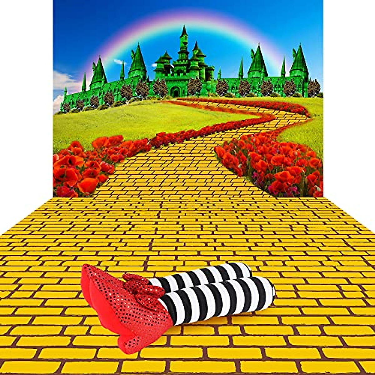 Road Runner Yellow Brick Road Runner and Emerald Castle Backdrop Party Decorations Yellow Brick Road Backdrop Floral Rainbow Photography Background Princess Decorations Party Supplies for Baby Shower