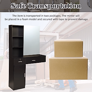 RESHABLE Wall Mount Salon Station with Mirror, Beauty Salon Barber Spa Equipment with Mirror, Shelves, Cabinet, Locking Drawers, Table, Standing Hair Styling Furniture, Black