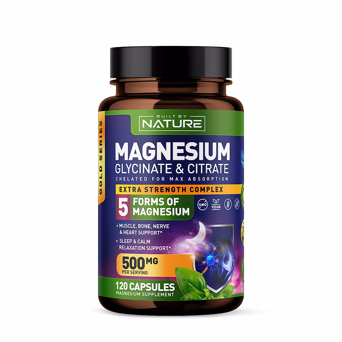 Magnesium Complex 500mg - 5 Forms of Magnesium Glycinate, Citrate, Malate, Oxide & Aquamin with 72 Trace Minerals - Chelated for Absorption - Supplement for Muscle, Nerve, Heart & Sleep (120 Capsules)