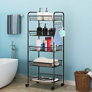 Giantex 5-Tier Storage Cart Rolling Trolley Organizer Utility Cart with Lockable Wheels, 5 Hooks, Mesh Shelves for Home Kitchen, Bathroom, Office and Bedroom (Black)