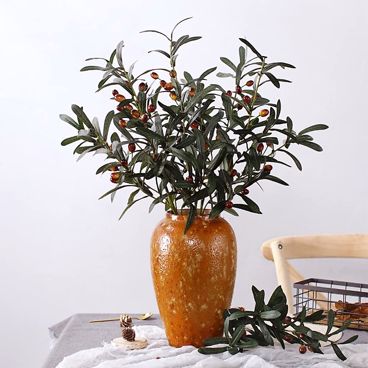 SzJias Olive Branches for Vases Artificial Olive Branches Faux Tree Branches Stems for Vase (3 Branches, 28.7 inch/Each)