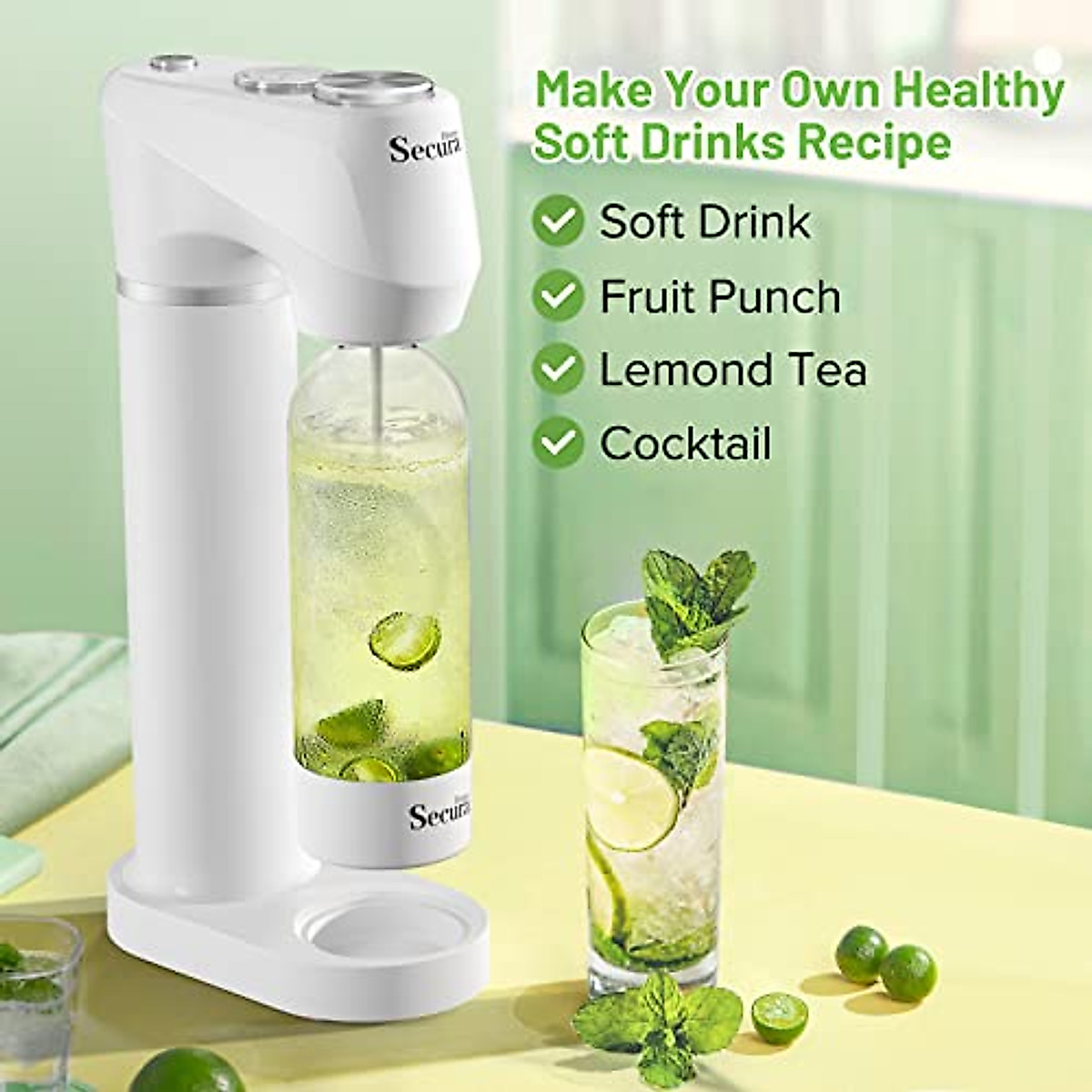 Secura Home Sparkling Water Machine, Cordless Soda Maker with Pressure Gauge, Quick & Customize Carbonation for Any Drink, with BPA Free PET Bottle, Compatible 60L CO2 Exchange Cylinder (NOT Included)