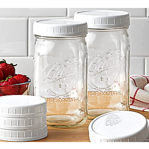 Wide Mouth Mason Jars 32 oz - (2 Pack) - Ball Wide Mouth 32-Ounces Quart Mason Jars with White M.E.M Food Storage Plastic Lids, Caps Fit Ball and Kerr Wide Mouth - For Storage, Freezing, Leak Proof,