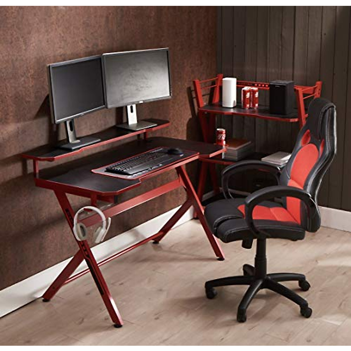 JJS 48" Home Office Gaming Computer Desk with Removable Monitor Stand, R Shaped Large Gamer Workstation PC Table with Cup Holder Headphone Hook Speaker Storage Free Mouse pad, Black/Red