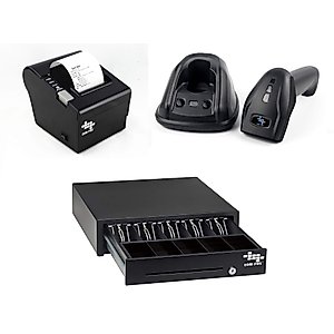 EOM-POS Heavy Duty Cash Register Drawer + Thermal Receipt Printer (80mm) + Barcode Scanner (Cordless) [Black] NOT for Square