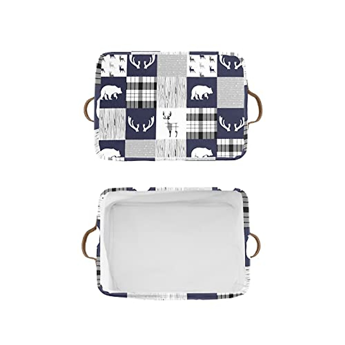 Deer Bear Patchwork Woodland Personalized Storage Bins,Foldable Baskets Organizer with Handle for Nursery Pet Toy Clothes Box 2 Packs