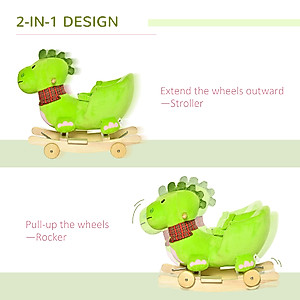Qaba Baby Rocking Horse Kids Interactive 2-in-1 Plush Ride-On Toys Stroller Rocking Dinosaur with Wheels and Nursery Song