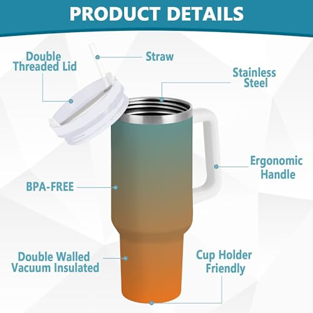 MCHIVER Teal Orange Gradient 40 oz Tumbler with Handle and Straw Stainless Steel Vacuum Water Bottle Leak-proof Travel Coffee Mug Insulated Cup for Car Home Office