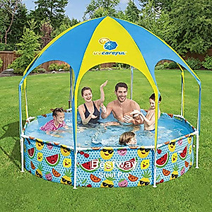 Bestway 8' x 20" Above Ground Kids Round Swimming Pool with UV Shaded Top Canopy and Built-in Water Mister, Fruit Designed Exterior