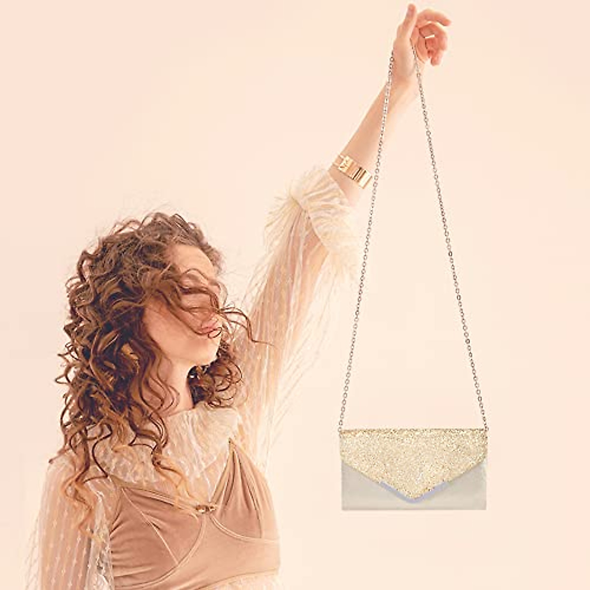 DIGOGO Sequins Flap Evening Purse Envelope Shaped Clutch Purse Chain Crossbody Shoulder Bag for Wedding Party Prom Ball Gold