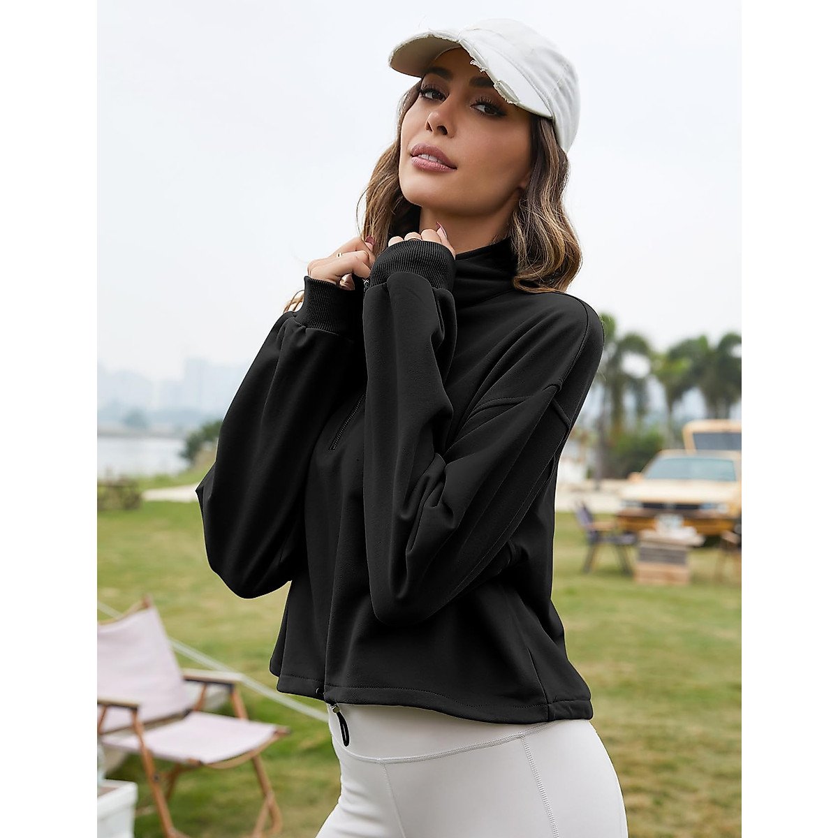 Flygo Womens Half Zip Sweatshirts Stand Collar Activewear Running Workout Pullover Tops(Black-S)