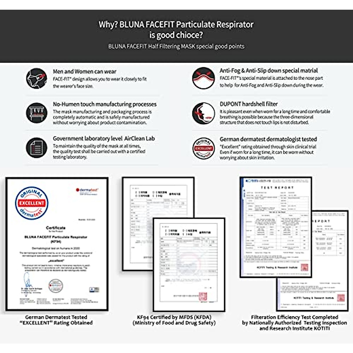 BLUNA ::Authentic:: [10 Pack] Premium 4-Layer Black KF94 Face Mask, Large [Adjustable Ear Loop][Anti-Trouble Skin][Made in KOREA] + Lanyard