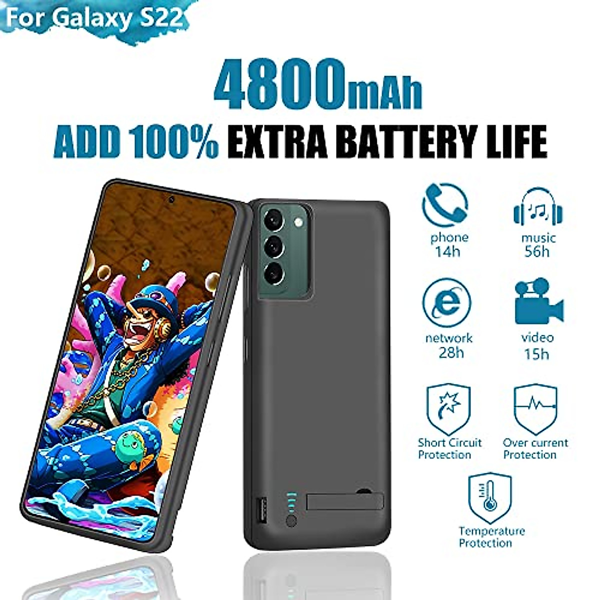 RUNSY Battery Case for Samsung Galaxy S22, 4800mAh Rechargeable Extended Battery Charging Charger Case, Add 100% Extra Juice, Not Compatible with S22+ or S22 Ultra (6.1 inch) Black