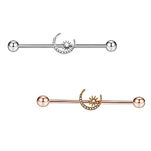 14G Industrial Stainless Steel Barbell Moon w/Stars - 14 Gauge Cartilage Industrial Ear Piercing Jewelry (Silver)