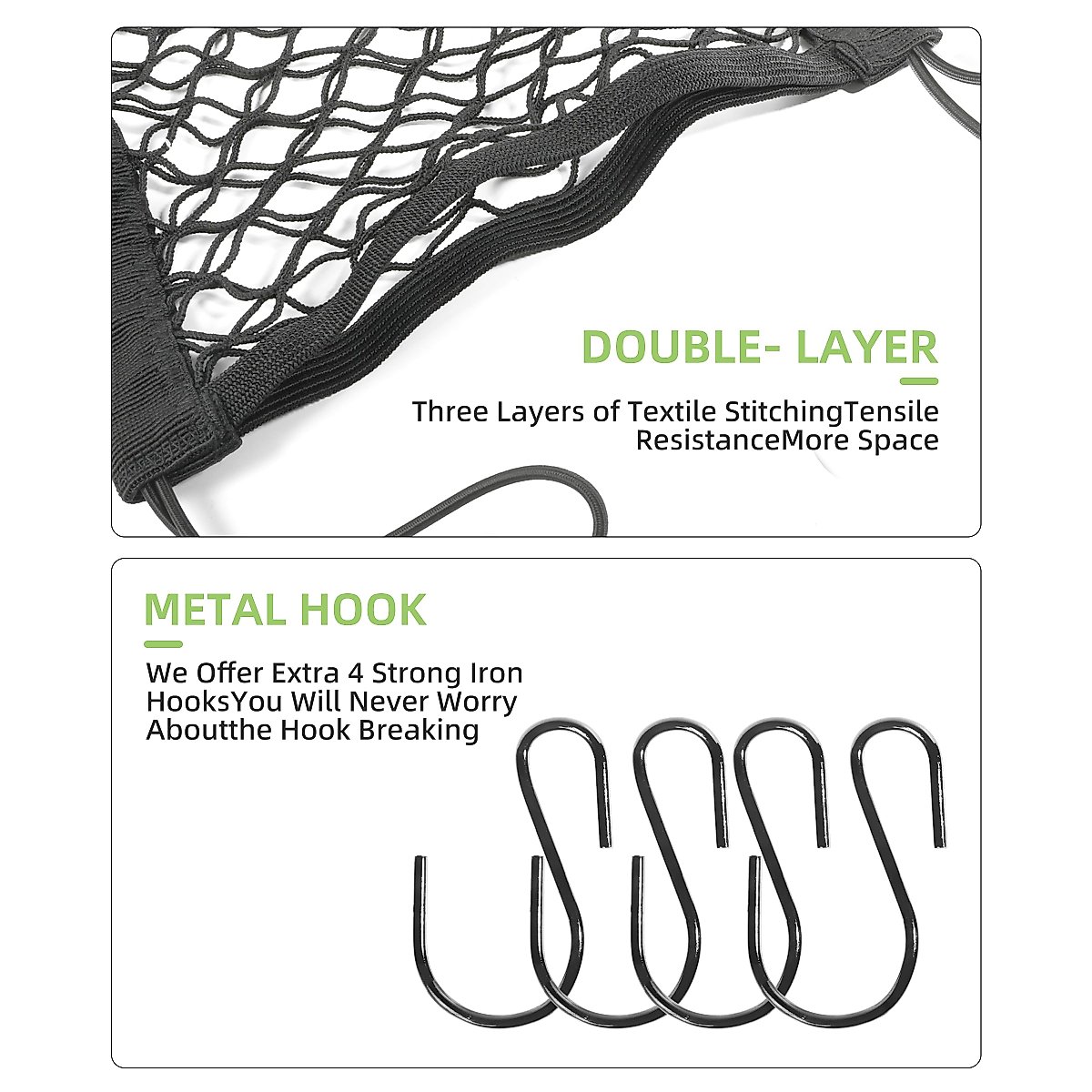 RACOONA Motorcycle Cargo Net,Car Accessories Cargo Net for Motorcycle Helmet Storage,10"X11" Elastic Double Layer Bungee Net with 4 Metal Hook