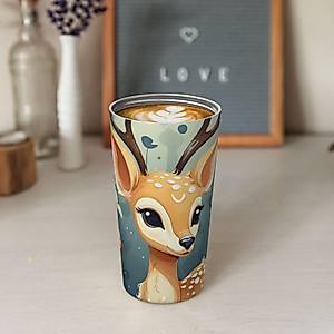 GTKSYNVE Reusable Coffee Mug with Lid and Handle, Cartoon Deer Flower Tumbler for Hot & Cold Drinks 16oz Stainless Steel Insulated Coffee Tumblers Double Wall Vacuum Thermal Cup