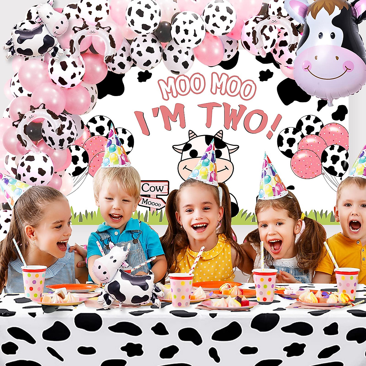 Roetyce Cow 2nd Birthday Decorations for a Girl, Moo Moo I'm Two Birthday Decorations Girl Boy Cow 2nd Birthday Party Supplies, Cow Two Birthday Banner and Cow Balloons for Cow Themed Birthday Decor